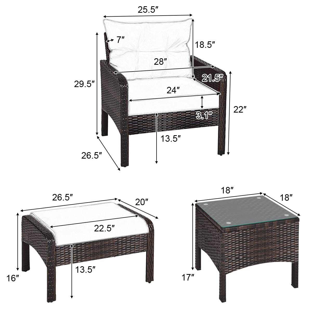 HAPPYGRILL 5PCS Patio Furniture Set Outdoor Rattan Wicker Conversation Set with Coffee Table Cushioned Sofas and Ottoman Chat Set for Garden Backyard