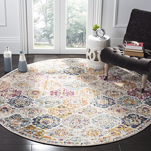 SAFAVIEH Madison Collection Area Rug - 8' Round, Cream & Multi, Boho Chic Distressed Design, Non-Shedding & Easy Care, Ideal for High Traffic Areas in Living Room, Bedroom (MAD611B)