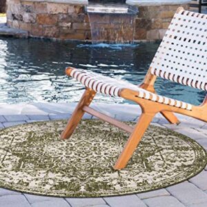 Unique Loom Outdoor Collection Area Rug - Dubai (4' 1' Round, Green/ Ivory)