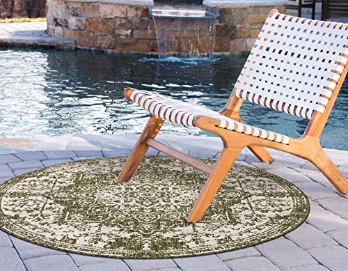 Unique Loom Outdoor Collection Area Rug - Dubai (4' 1' Round, Green/ Ivory)