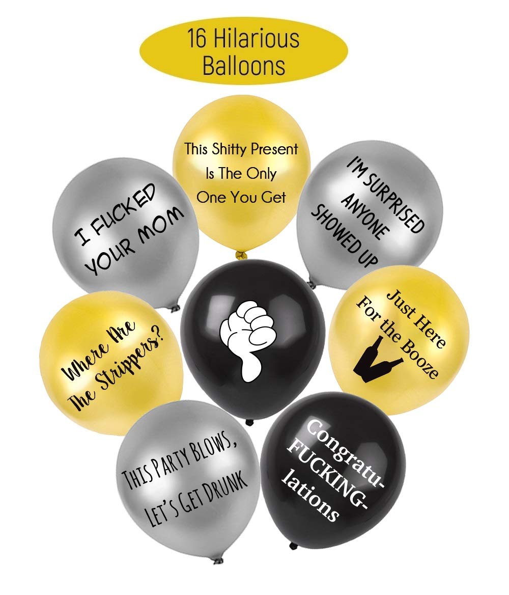 Unnecessarily Cruel Balloons - Black Silver & Gold Pack of 16 - Rude Funny Abusive Balloon Gifts Men Women Great for Birthday Supplies Retirement Graduation Anniversary Housewarming Bday Decorations