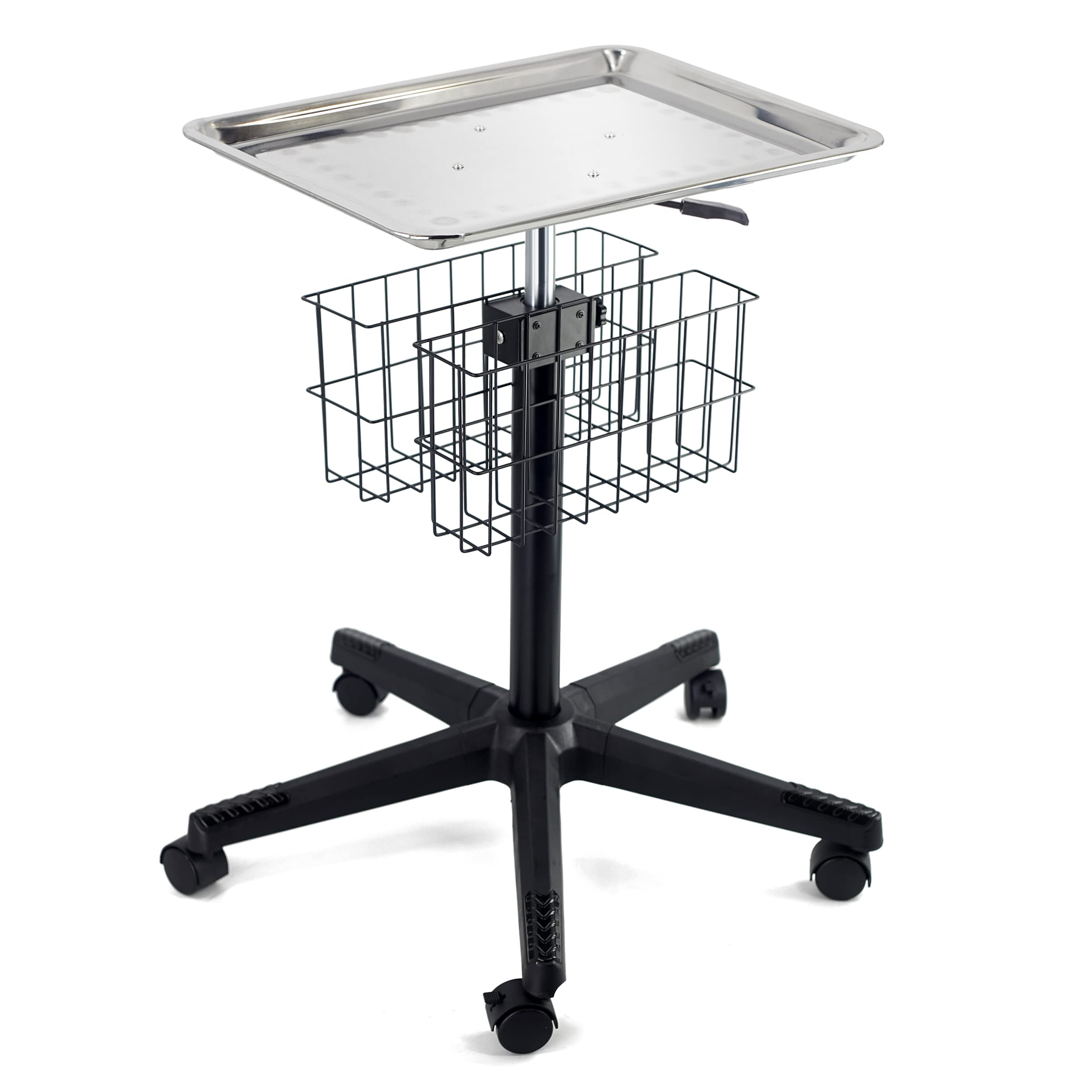 Pneumatic Stainless Steel Instrument Tray on Wheels - Pneumatic Height Adjustable Styling Cart with Organizer - Stainless Steel Aesthetician Cart, Tattoo Tray Table, Medical Tray on Wheels