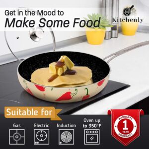 KITCHENLY Nonstick Frying Pans with Lids - Granite Frying Pans with Stone Coating | Nonstick Skillet Cooking Pan Set | Electric, Gas Induction Compatible | 9.5 & 11 inch | Chili - 2 Pack