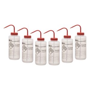 eisco 6pk wash bottles for acetone, 1000ml - labeled with chemical information & safety information (1 color) - wide mouth, self venting, low density polyethylene - performance plastics labs