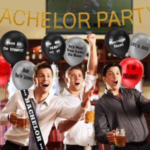 BroSash Funny Bachelor Party Decorations (Gold Bachelor Banner, Bachelor Sash, 16 Funny Party Balloons, and 8 Bachelor Party Rules Cards) 26 Piece Set, Bachelorette Party Supplies Gifts