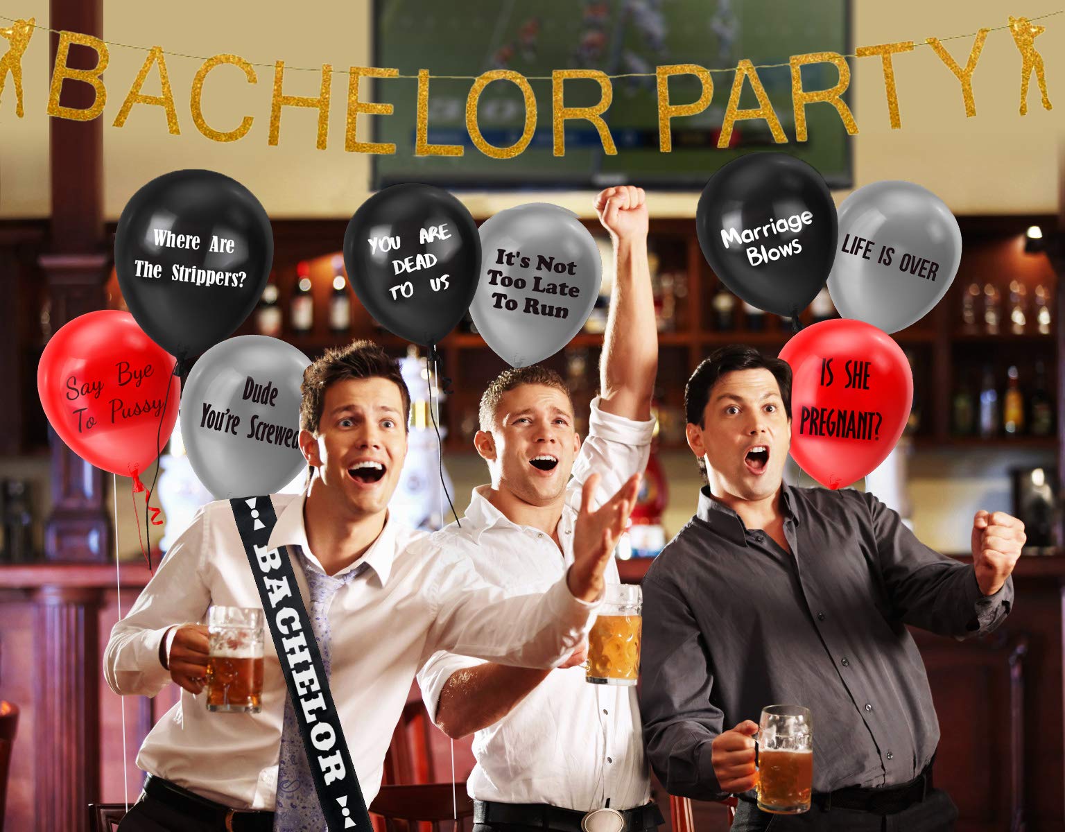 BroSash Funny Bachelor Party Decorations (Gold Bachelor Banner, Bachelor Sash, 16 Funny Party Balloons, and 8 Bachelor Party Rules Cards) 26 Piece Set, Bachelorette Party Supplies Gifts