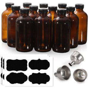 aozita [ 12 pack, 8 oz ] glass amber bottles with black poly cone cap & 3 stainless steel funnels & 12 labels - 240ml boston round sample bottles, brown glass apothecary bottles