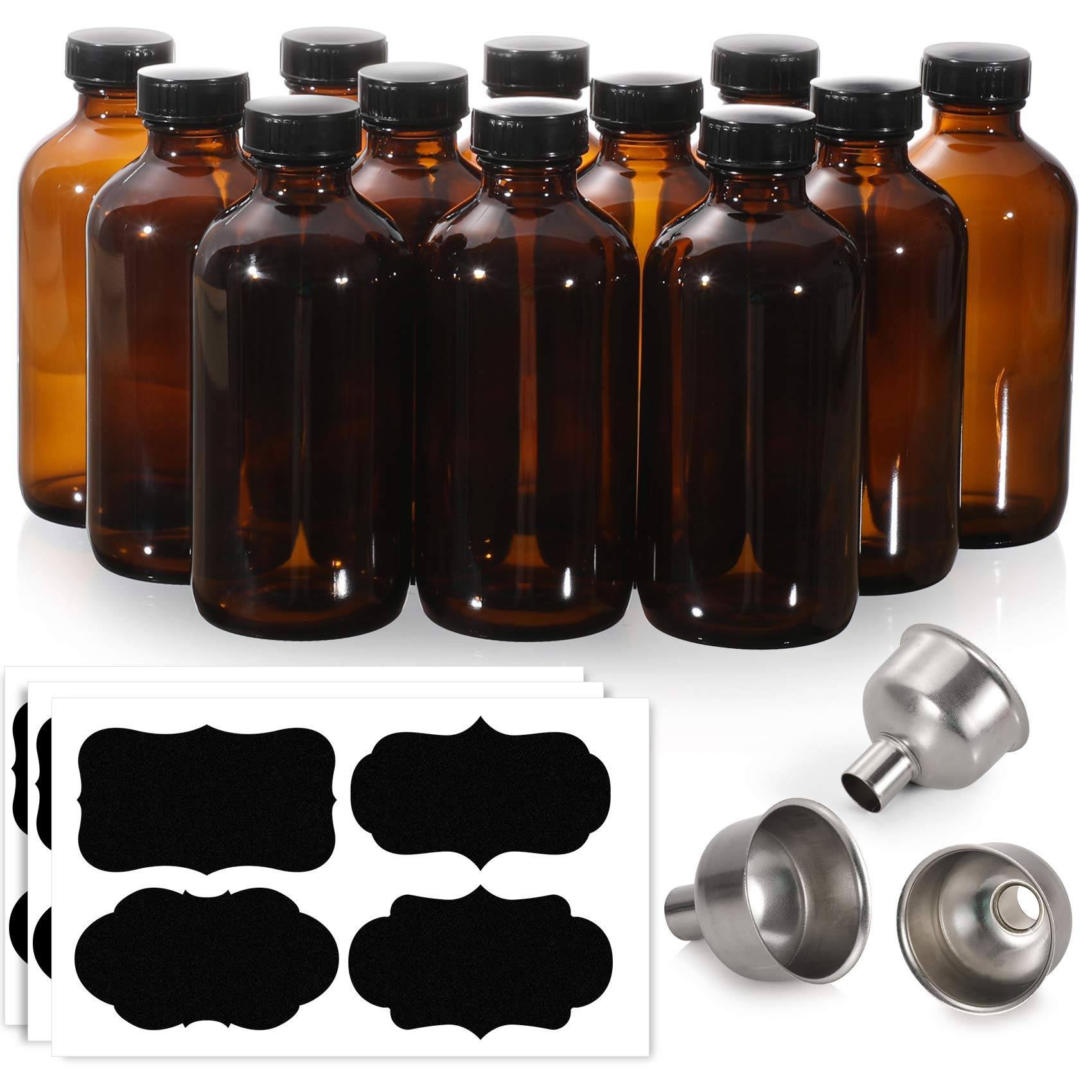 AOZITA [ 12 Pack, 8 OZ ] Glass Amber Bottles with Black Poly Cone Cap & 3 Stainless Steel Funnels & 12 Labels - 240ml Boston Round Sample Bottles, Brown Glass Apothecary Bottles