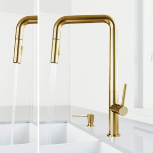 VIGO Parsons 18'' H Single Handle Pull-Down Sprayer Kitchen Faucet Set with Soap Dispenser in Matte Brushed Gold-VG02031MGK2