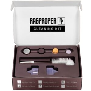 ragproper glass flask accessory kit - cleaning set with cleaning brush, silicone & cork lid liners, stainless steel & plastic lids & smooth pour funnels (double shot, 240ml)