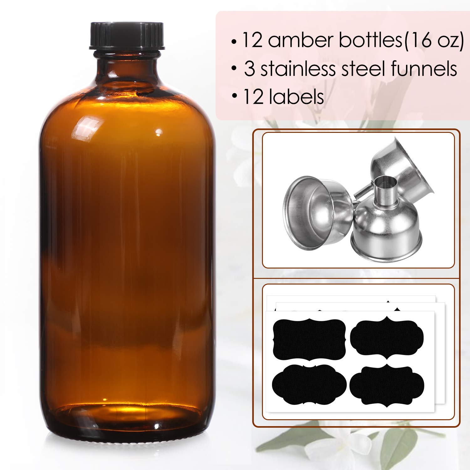 AOZITA [ 12 Pack, 16 OZ ] Glass Amber Bottles with Black Poly Cone Cap & 3 Stainless Steel Funnels & 12 Labels - 480ml Boston Round Sample Bottles, Brown Glass Apothecary Bottles