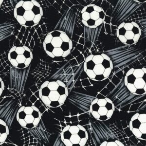 timeless treasures soccer balls & nets black premium quality 100% cotton sold by the yard.