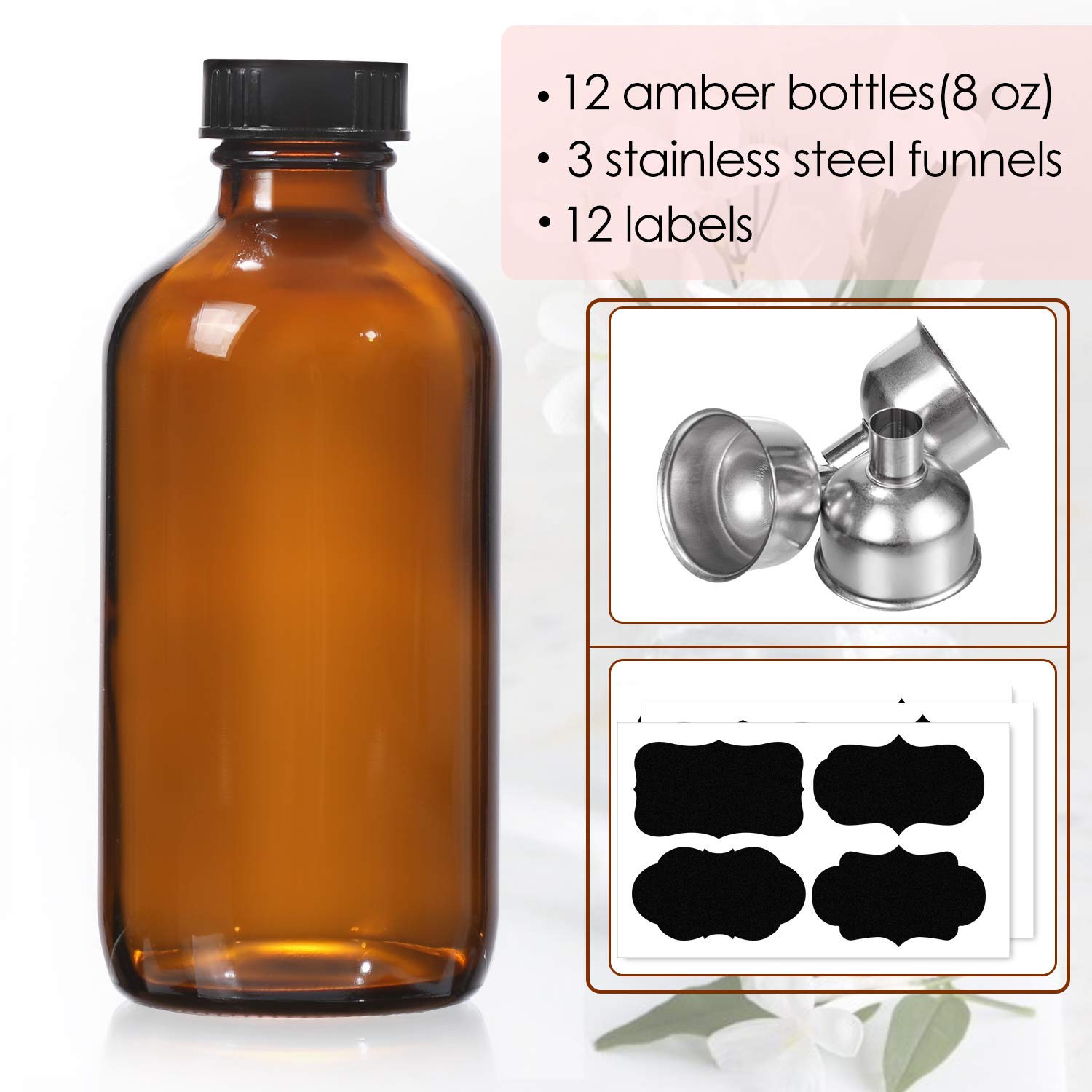 AOZITA [ 12 Pack, 8 OZ ] Glass Amber Bottles with Black Poly Cone Cap & 3 Stainless Steel Funnels & 12 Labels - 240ml Boston Round Sample Bottles, Brown Glass Apothecary Bottles