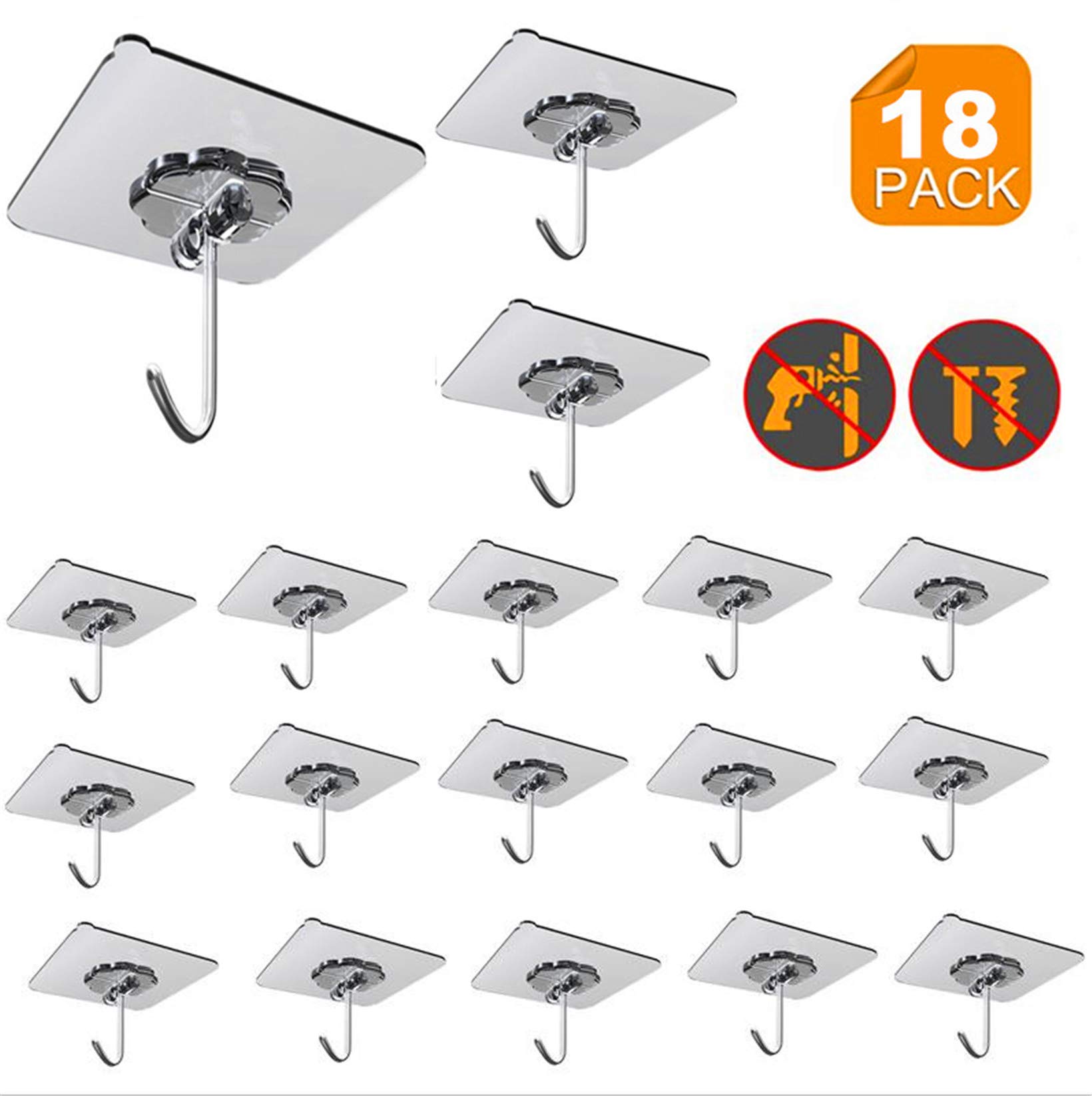 PGLY Adhesive Hooks Kitchen Wall Hooks - Heavy Duty 13.2lb(Max) Nail Free Sticky Hangers with Stainless Waterproof & Oilproof Seamless Hooks Utility Towel Bath Ceiling Hooks