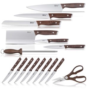 Deco Chef 16 Piece Kitchen Knife Set Stainless Steel with Wood Handles, 8" Chef Knife, 6.5" Cleaver, 8" Bread Knife, 8" Slicing Knife, 4.5" Paring Knife, 6pcs Steak Knives, Kitchen Shears, and more