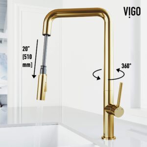 VIGO Parsons 18'' H Single Handle Pull-Down Sprayer Kitchen Faucet Set with Soap Dispenser in Matte Brushed Gold-VG02031MGK2