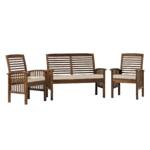 walker edison azowchat3pcdb 3-piece acacia solid wood outdoor patio conversation set, dark brown