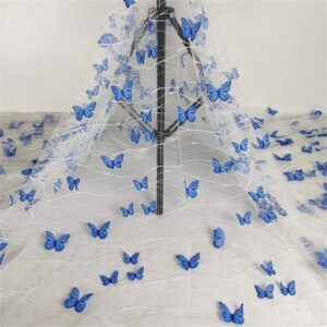 3d vivid butterflies mesh lace fabric french tulle lace for diy wedding dress costume accessories flower girl gown dress bridal veil home decor(3yard,white+blue)