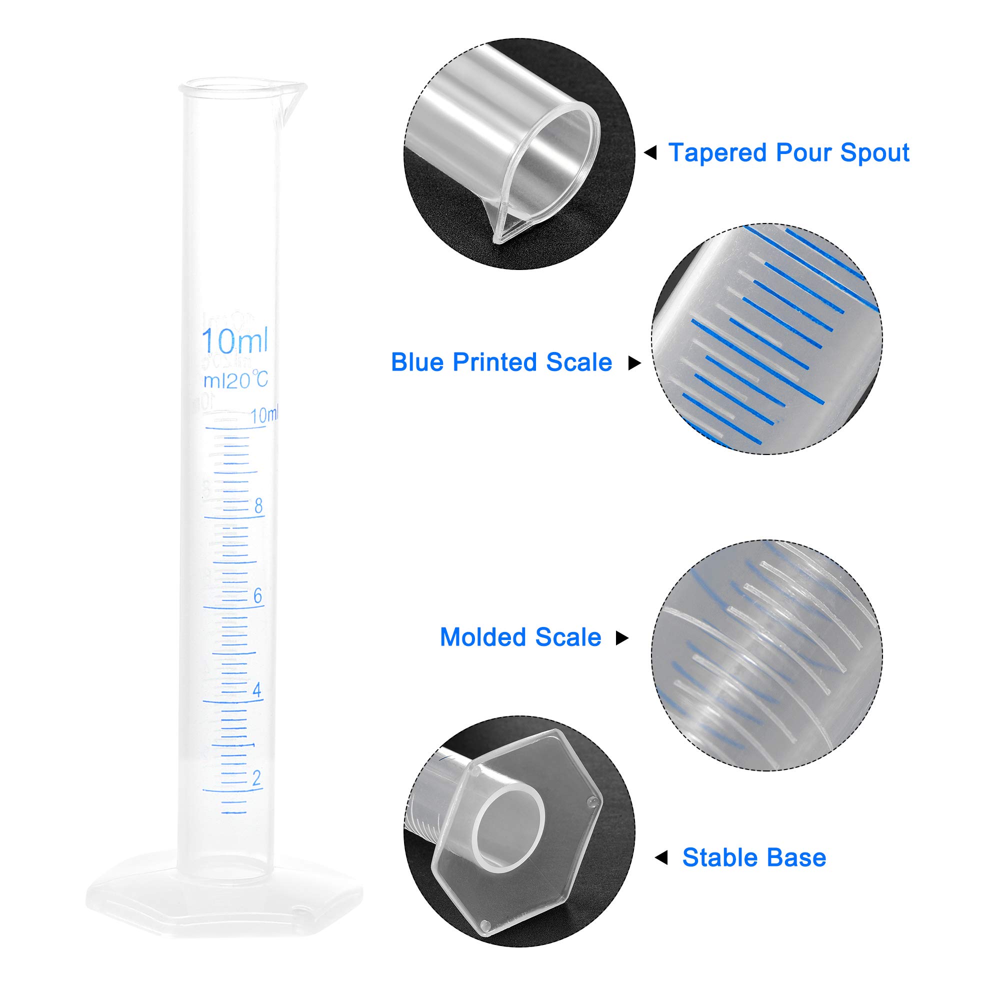 uxcell Plastic Graduated Cylinder, 10ml Measuring Cylinder, Science Test Tube Beakers, 2-Sided Metric Marking, Clear Hex Base for Lab Home