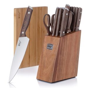 deco chef 16 piece kitchen knife set stainless steel with wood handles, 8" chef knife, 6.5" cleaver, 8" bread knife, 8" slicing knife, 4.5" paring knife, 6pcs steak knives, kitchen shears, and more