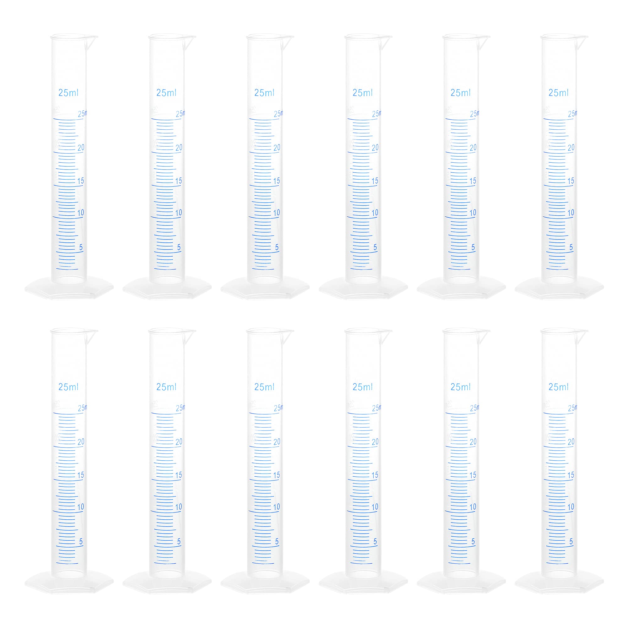 uxcell Plastic Graduated Cylinder, 25ml Measuring Cylinder, Science Test Tube Beakers, 2-Sided Metric Marking, Clear Hex Base for Lab Home 12Pcs