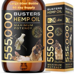 k2xlabs buster's large 60ml bottle, 2mth supply, organic hemp oil for dogs and pets, 555,000 max potency, made in usa - miracle formula, perfectly balanced omega 3, 6, 9 - joint relief, calming