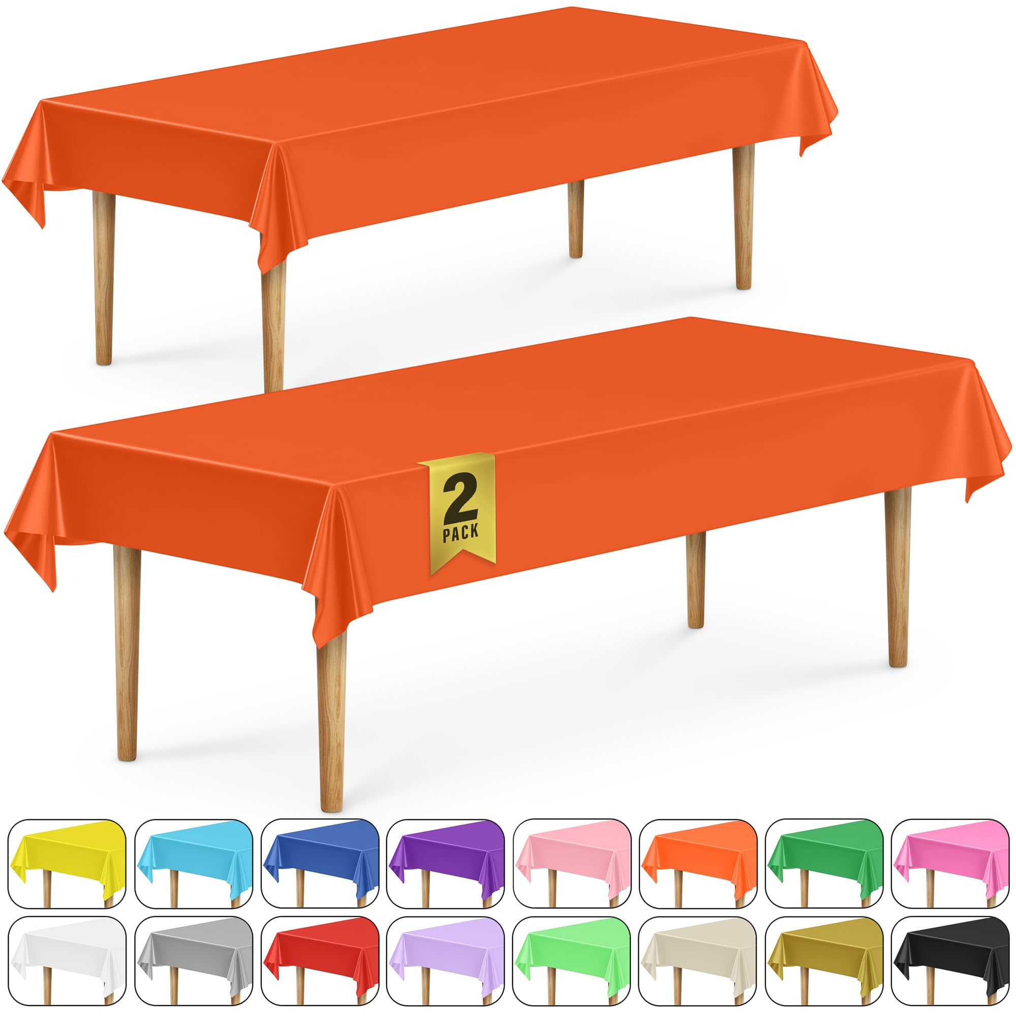 DecorRack 2 Rectangular Tablecloths BPA-Free Plastic, 54 x 108 inch, Dining Table Cover Cloth Rectangle for Parties, Picnic, Camping and Outdoor, Disposable or Reusable in Bright Orange (2 Pack)