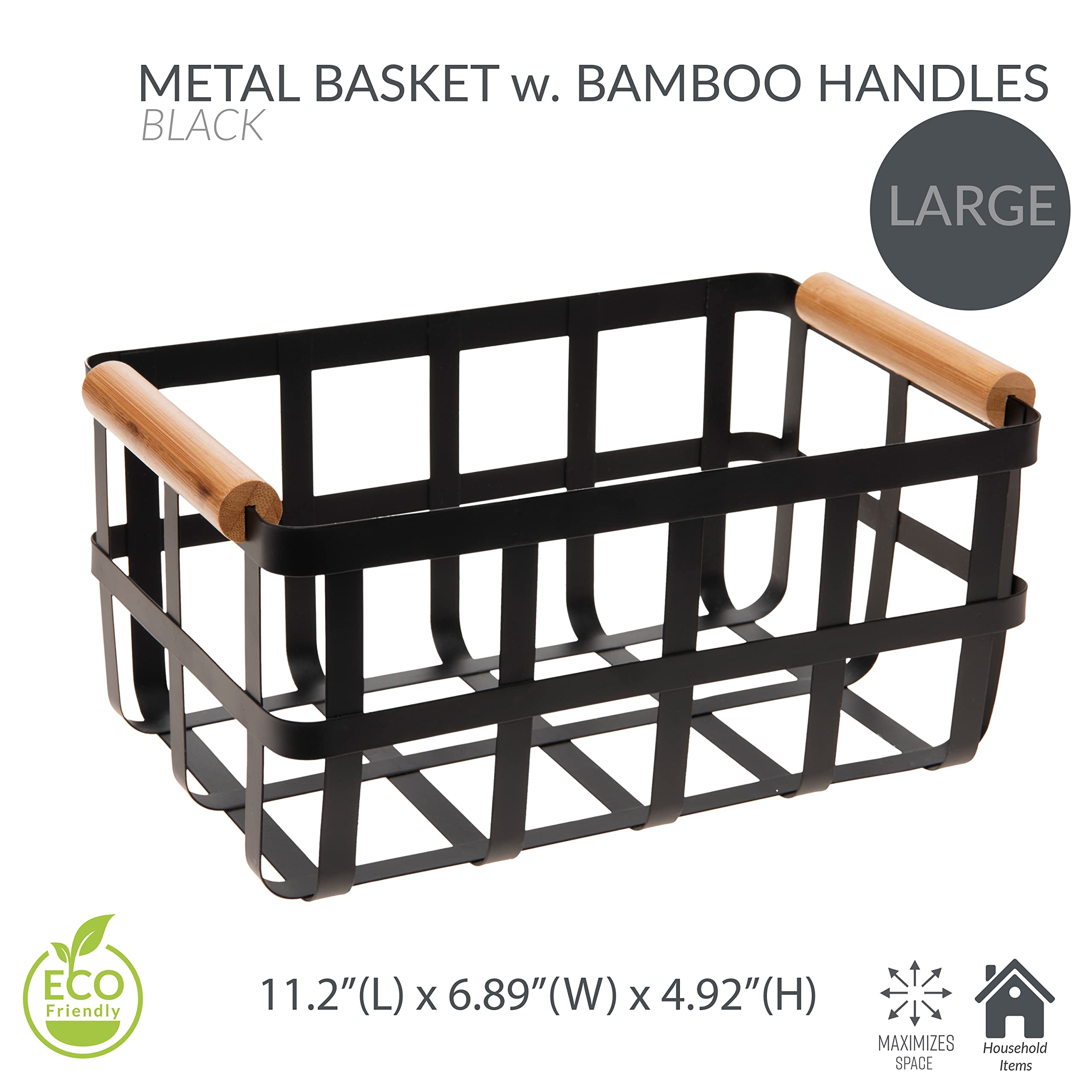 Simplify Rectangular Metal Storage Basket with Bamboo Handles | Large | Farmhouse Style Wire Basket | Home Organizer | Decorative | Rustic | Black