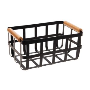 simplify rectangular metal storage basket with bamboo handles | large | farmhouse style wire basket | home organizer | decorative | rustic | black