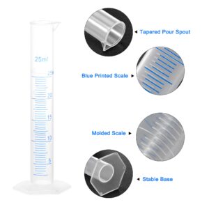 uxcell Plastic Graduated Cylinder, 25ml Measuring Cylinder, Science Test Tube Beakers, 2-Sided Metric Marking, Clear Hex Base for Lab Home 12Pcs