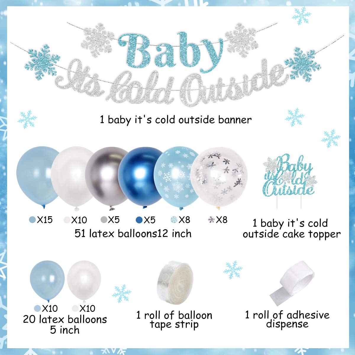 Kreatwow Baby It’s Cold Outside Party Decorations Blue Frozen Theme Baby Shower Supplies Snowflake Balloon Garland Kit Banner Cake Topper Winter Little Snowflake Party