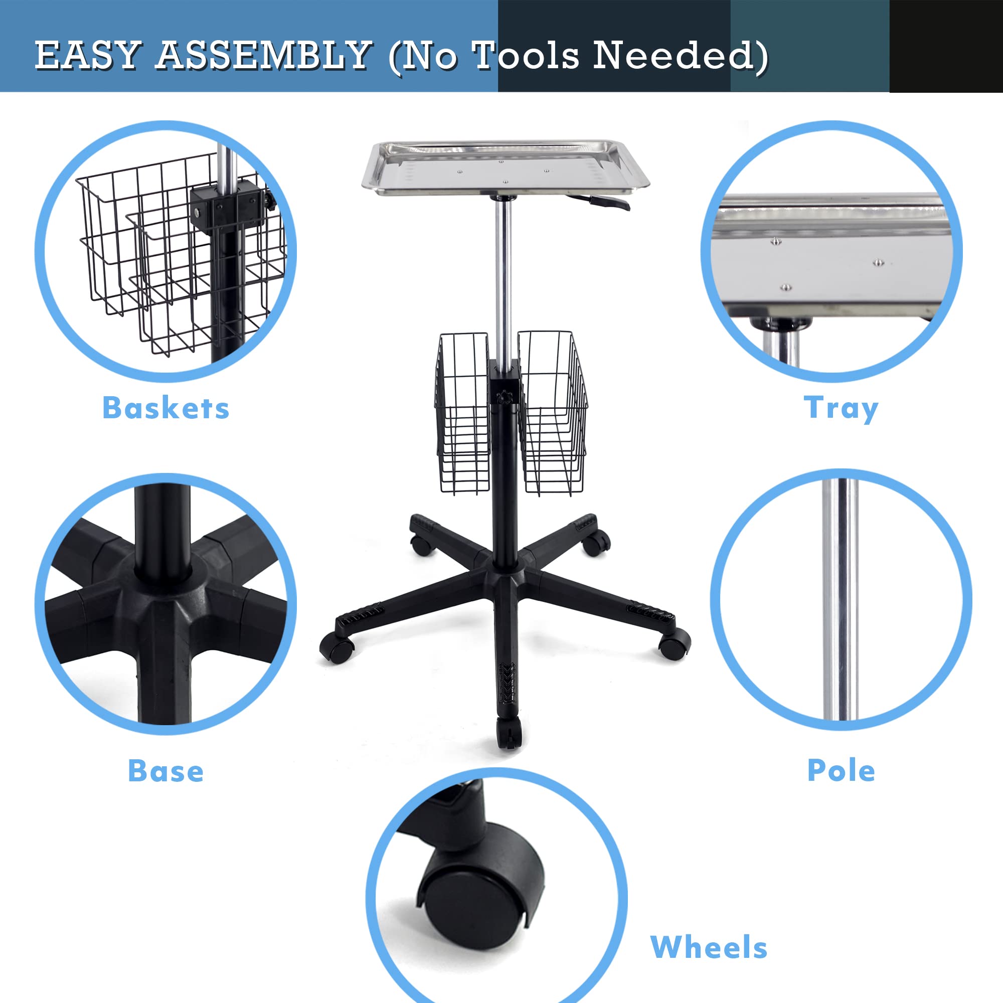 Pneumatic Stainless Steel Instrument Tray on Wheels - Pneumatic Height Adjustable Styling Cart with Organizer - Stainless Steel Aesthetician Cart, Tattoo Tray Table, Medical Tray on Wheels