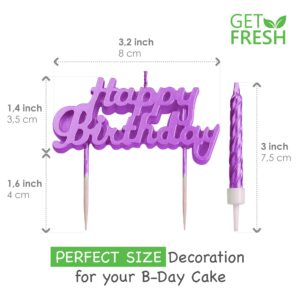 GET FRESH Purple Birthday Cake Candles Set – 10-Pack Spiral Metallic Candles and Happy Birthday Letter Candles Cake Topper – Glitter B-Day Candles and Cake Decoration Candles – Purple Birthday Candles