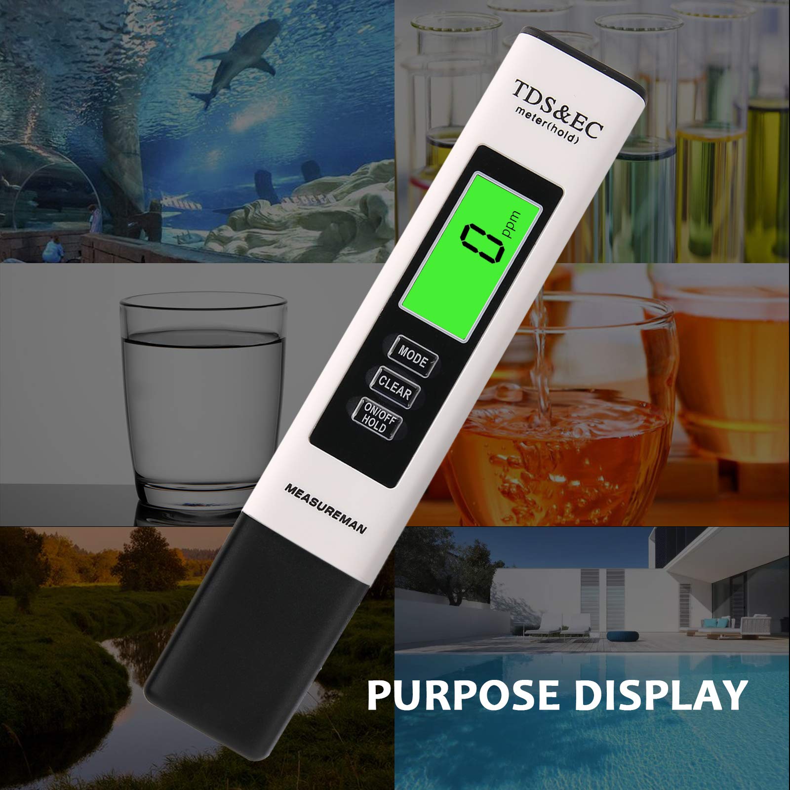 MEASUREMAN 0-9999ppm, 0-9999µs/cm TDS Meter, EC Meter & Temperature Meter 3 in 1, 32.0-176.0°F Green Backlight ppm for Drinking Water, Aquariums, Swimming Pools (Black) Meter