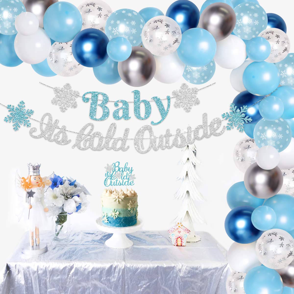 Kreatwow Baby It’s Cold Outside Party Decorations Blue Frozen Theme Baby Shower Supplies Snowflake Balloon Garland Kit Banner Cake Topper Winter Little Snowflake Party