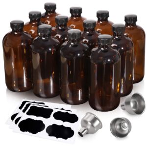 aozita [ 12 pack, 16 oz ] glass amber bottles with black poly cone cap & 3 stainless steel funnels & 12 labels - 480ml boston round sample bottles, brown glass apothecary bottles