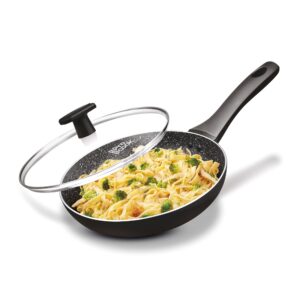 milton 8 inch nonstick frying pan nonstick with lid. large pan for egg omelette, pancake. flat bottom stir fry skillet for electric induction cookware. dishwasher & oven safe (aluminium)