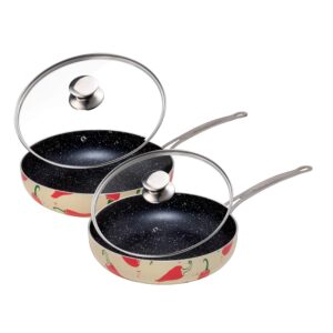 kitchenly nonstick frying pans with lids - granite frying pans with stone coating | nonstick skillet cooking pan set | electric, gas induction compatible | 9.5 & 11 inch | chili - 2 pack