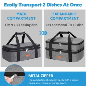 LHZK Insulated Casserole Carrier - Expandable Holder Tote for Hot or Cold Food, Fits 11 x 15 or 9 x 13 Baking Dishes - For Potlucks, Picnics, Beach (Grey)