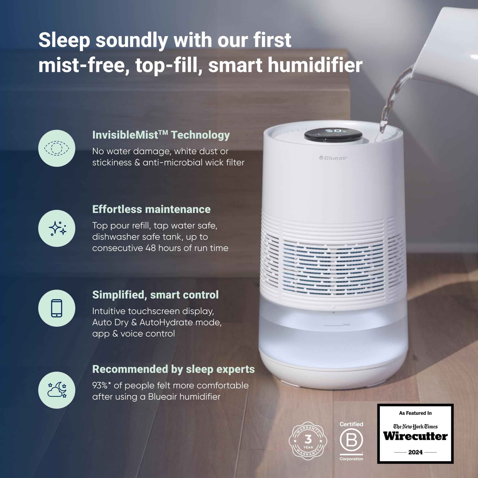 BLUEAIR Premium Smart Humidifier: 3.5L Dishwasher Safe Tank for Large Room, Better Sleep with Evaporative Tech, Auto & Night Mode, Easy Top Fill, Air Quality Insight with App, Touchscreen, 48-Hour run