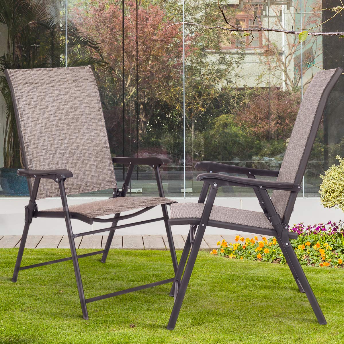 ARLIME 2-Pack Patio Folding Chairs, 2 PCS Dining Chairs with Steel Frame and Armrests, Portable Outdoor Indoor Barstools, Garden Backyard Poolside Patio Furniture Set w/Footrest Back, Set of 2