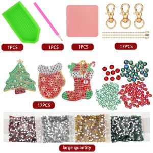 Yaomiao 17 Pieces Double Sided Christmas Diamond Art Ornaments Diamond Painting Keychains DIY 5d Painting Round Drill Key Chain Christmas Crystal Rhinestone Arts Craft Keychain for Christmas Supplies