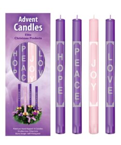 advent candles with words love, peace, hope, joy on the candles - christmas advent candle set of 4 for advent rings and advent wreaths- premium hand made - self fitting end - for church advent wreath