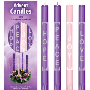 Advent Candles with Words Love, Peace, Hope, Joy On The Candles - Christmas Advent Candle Set of 4 for Advent Rings and Advent Wreaths- Premium Hand Made - Self Fitting End - for Church Advent Wreath