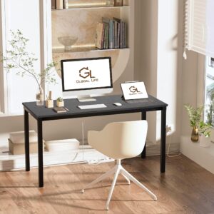 gl global life 47 inch large computer desk wood, modern simple style desk for home office, bedroom, study student writing desk, small spaces, black metal frame, dark walnut top