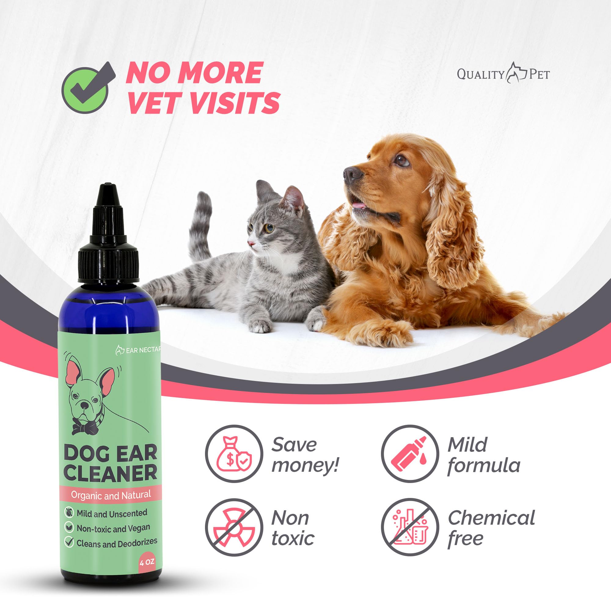 QualityPet Dog Ear Cleaner Solution - Organic & Natural Ear Cleaning Drops with Aloe, Vitamin E, Coconut Oil & Witch Hazel for Dogs - Dog Ear Wash, Rinse & Cleanser to Relieve Itchy Ears