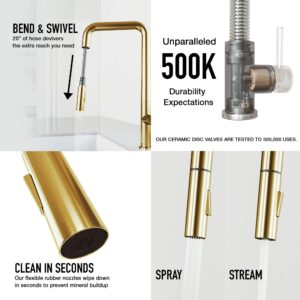 VIGO Parsons 18'' H Single Handle Pull-Down Sprayer Kitchen Faucet Set with Soap Dispenser in Matte Brushed Gold-VG02031MGK2