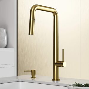 VIGO Parsons 18'' H Single Handle Pull-Down Sprayer Kitchen Faucet Set with Soap Dispenser in Matte Brushed Gold-VG02031MGK2