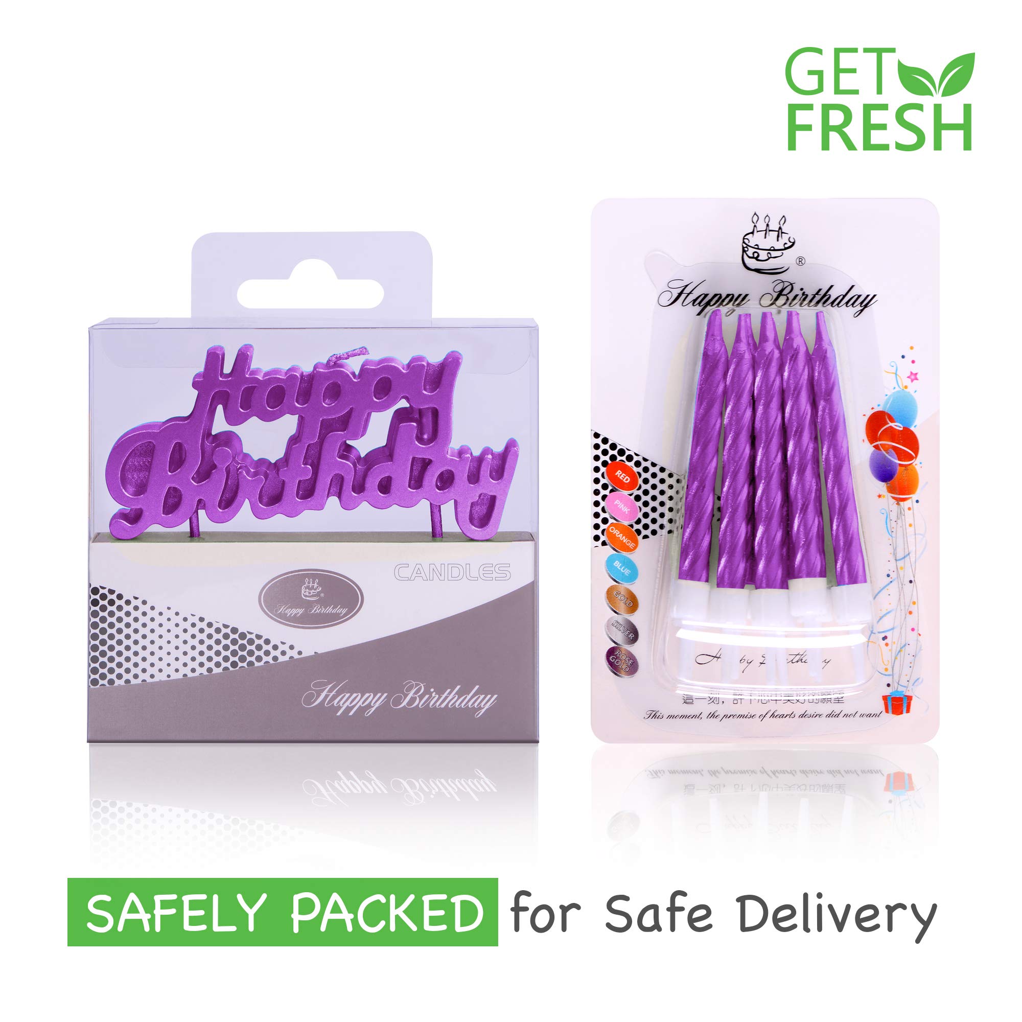 GET FRESH Purple Birthday Cake Candles Set – 10-Pack Spiral Metallic Candles and Happy Birthday Letter Candles Cake Topper – Glitter B-Day Candles and Cake Decoration Candles – Purple Birthday Candles