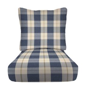 rsh decor: deep seating cushion with pillow back | 24” x 27” seat | all-weather spun fabric | water and fade-resistant | outdoor chair cushion set for patio furniture | branson lapis plaid